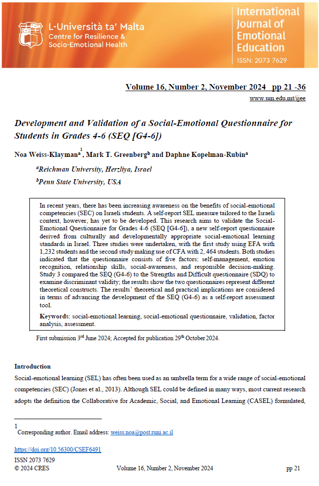 New SEL Questionnaire for Israeli Elementary School Pupils - SEL·IL